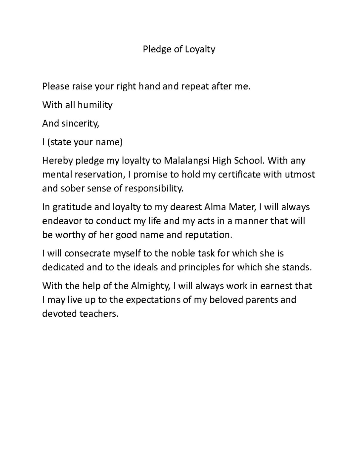 Pledge of Loyalty to Malalangsi High School: Ceremony Script - Studocu
