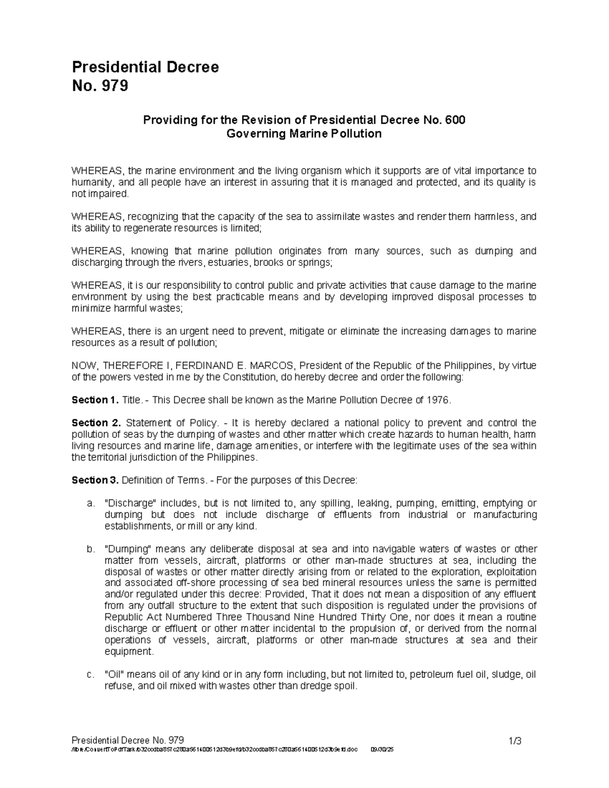 Revised Title: PD 979 - Marine Pollution Decree of 1976 Overview - Studocu
