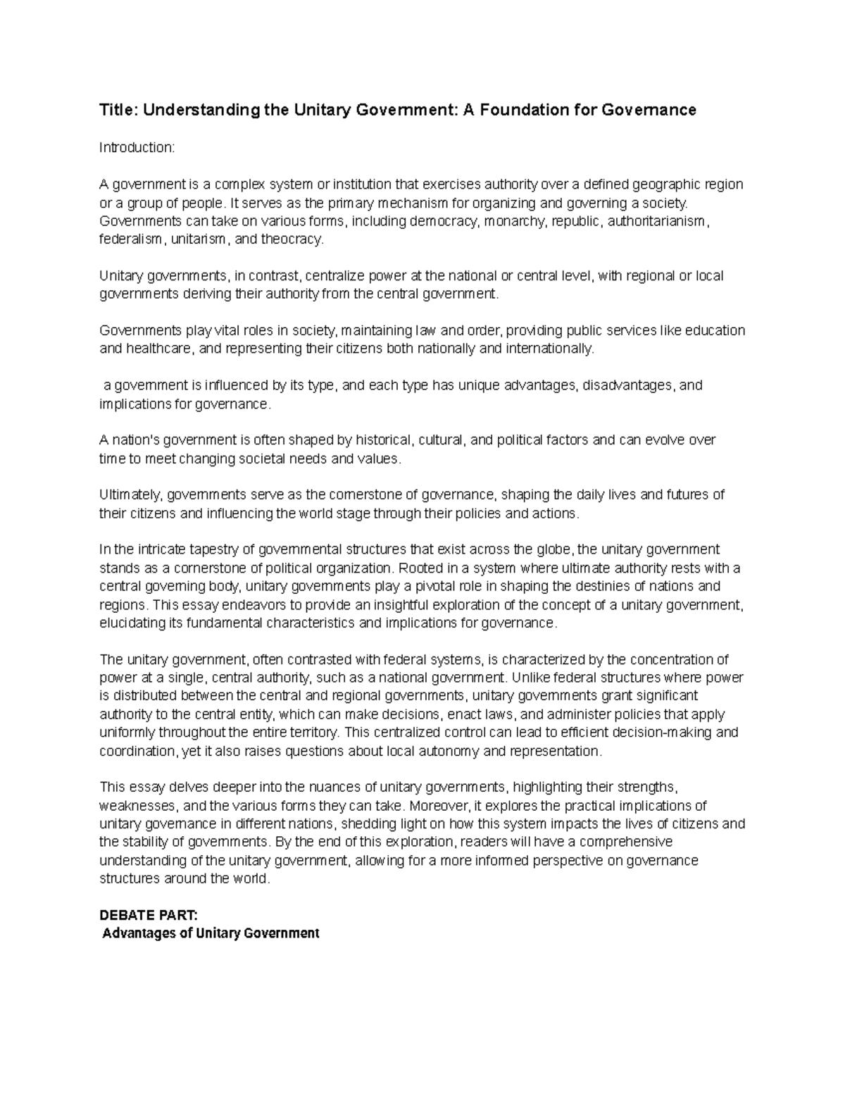 Unitary Government Insights: Foundations and Advantages for Governance ...