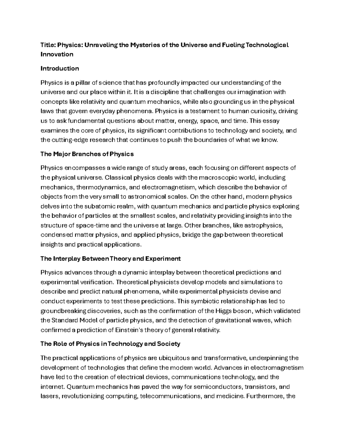 Physics essay - Title: Physics: Unraveling the Mysteries of the ...