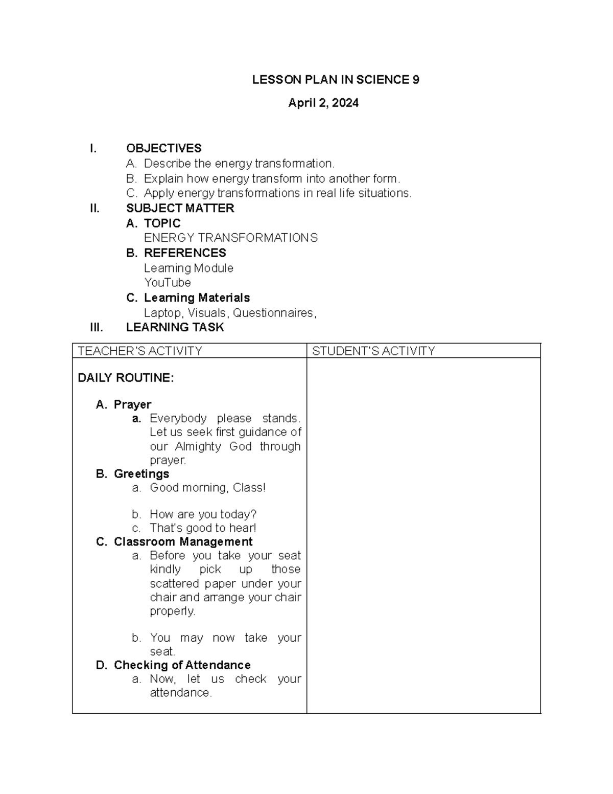 Science 9 Lesson Plan: Understanding Energy Transformations - Studocu