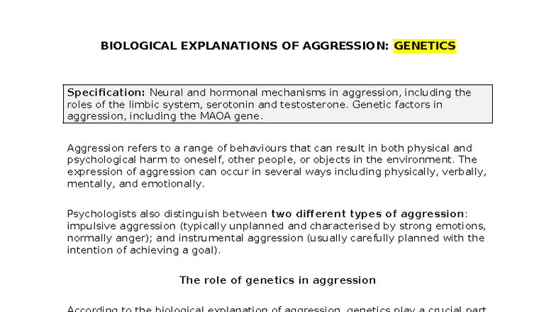 BIO 101: Biological Explanations of Aggression - Genetics & Mechanisms ...