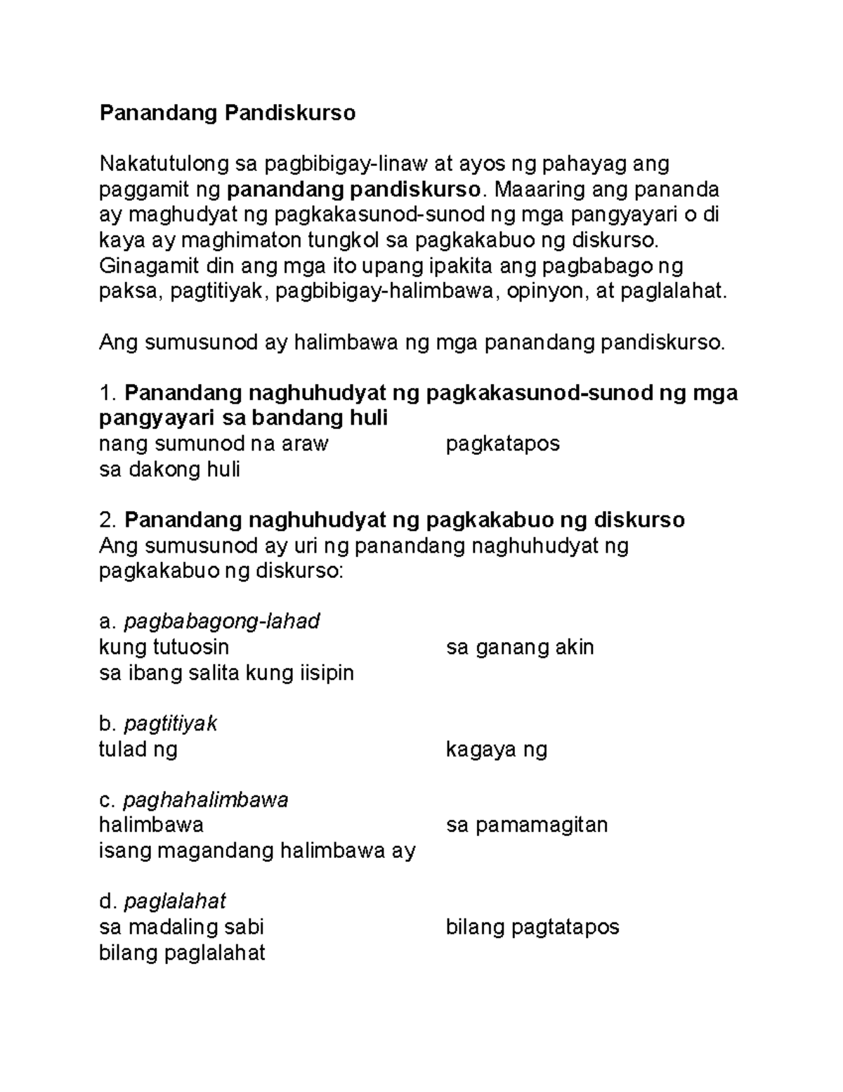 Panandang Pandiskurso: Linggo 4 na Pagsusuri at Halimbawa - Studocu