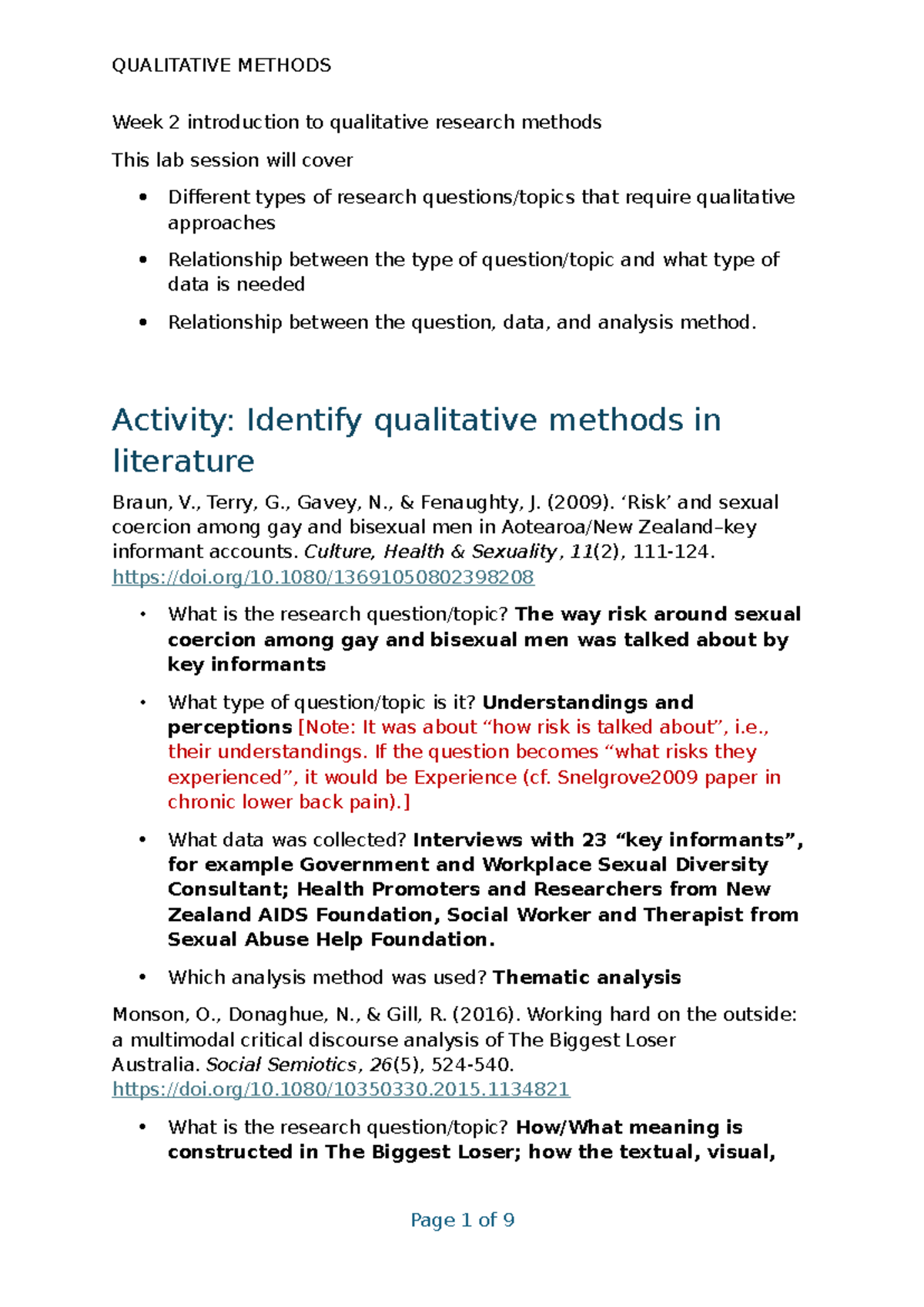 QUALITATIVE METHODS Week 2: Intro to Qualitative Research Techniques ...