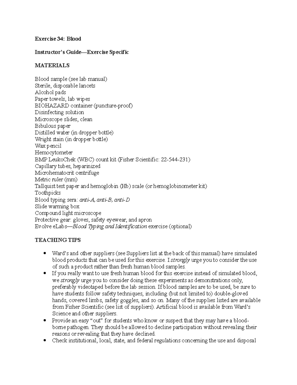 Exercise 34 - study tips and reminders with notes - Exercise 34: Blood ...