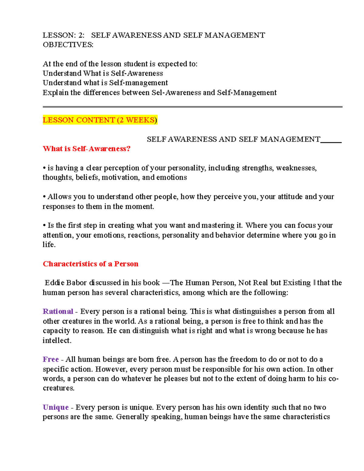 Lesson 2: Self-Awareness and Self-Management Concepts - Studocu