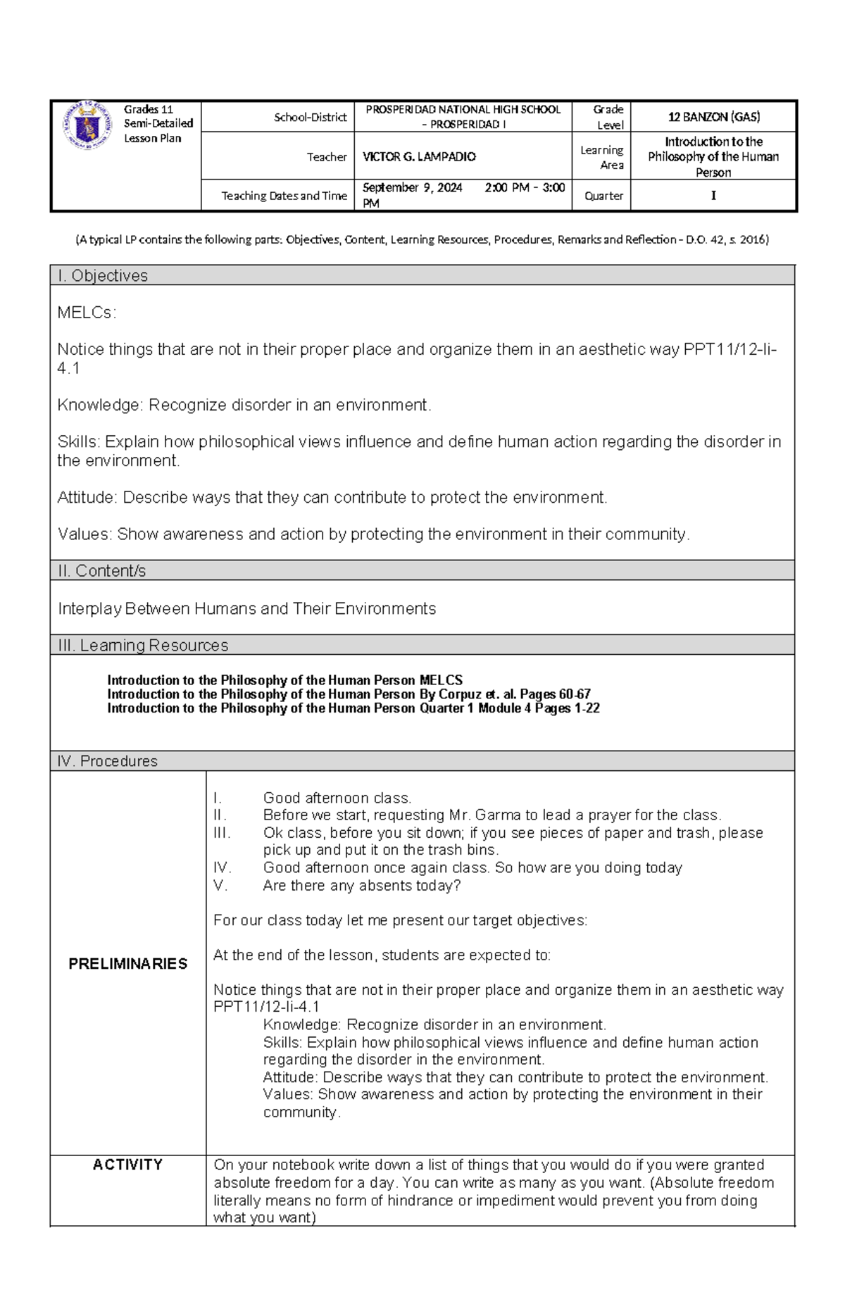 DLP CO 1 (Grades 11-12) Lesson Plan: Philosophy of Human Freedom - Studocu