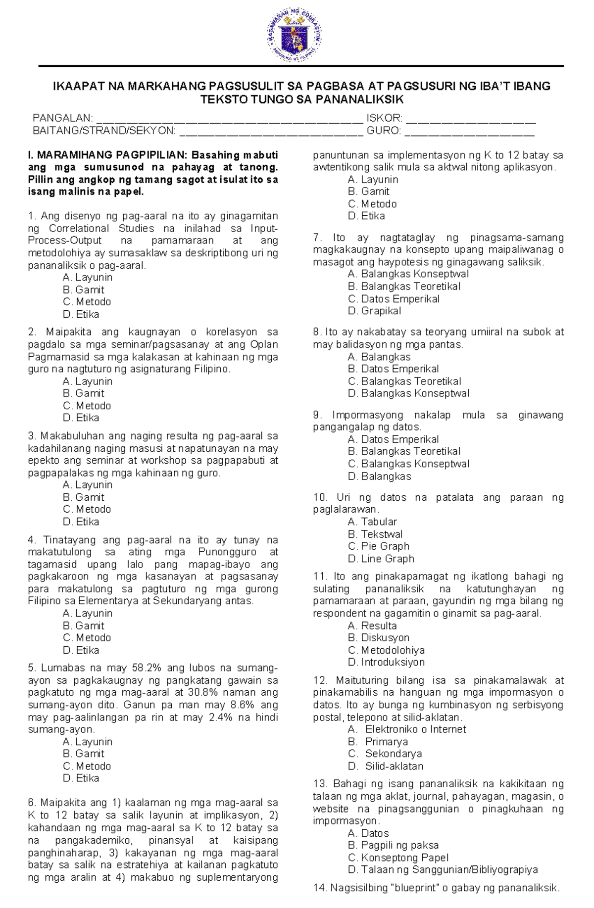 Ikaapat na Markahang Pagsusulit sa Pagbasa at Pagsusuri ng Iba't Ibang ...