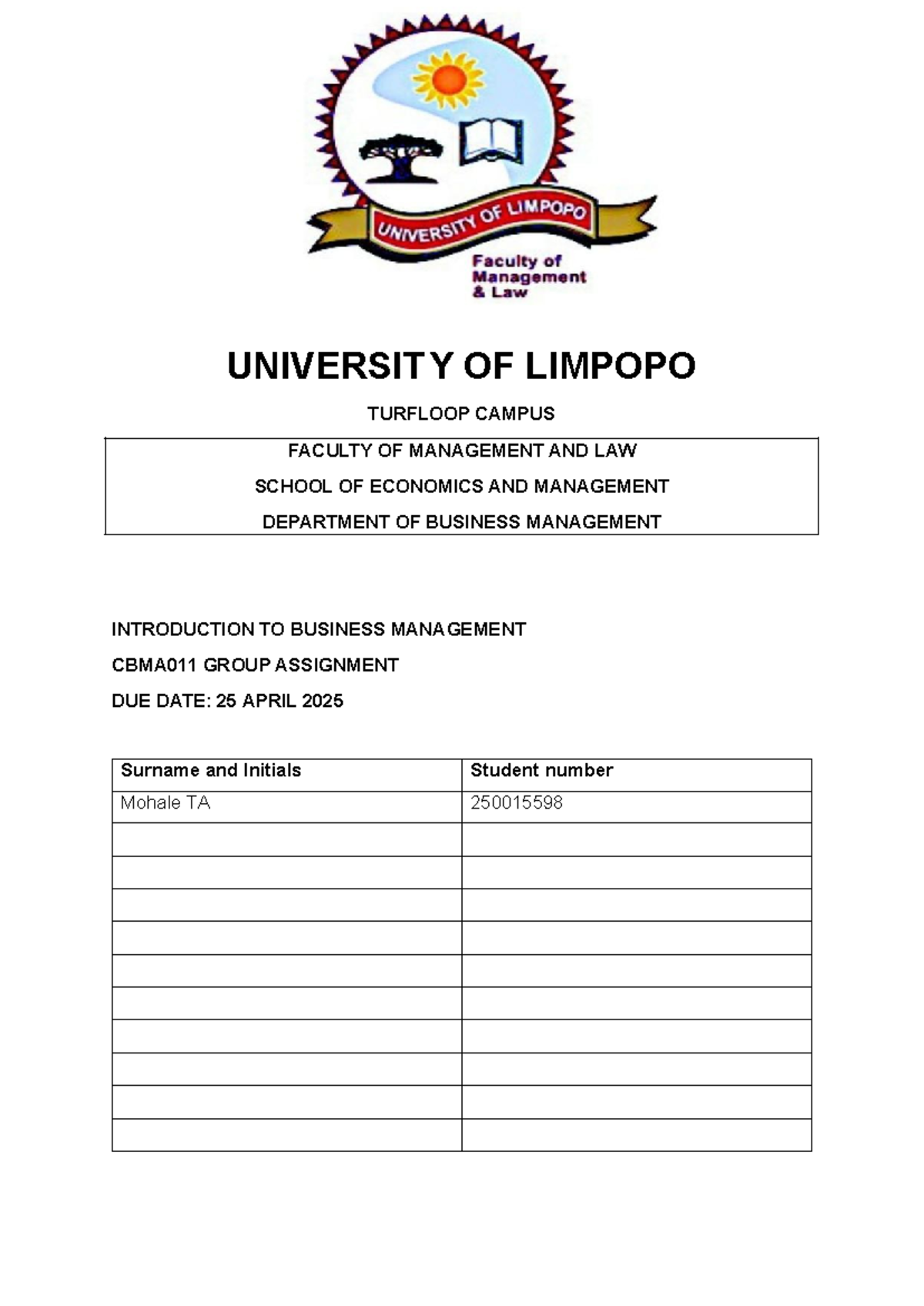 Assignment Coverpage - ENG1514 - UNIVERSIT Y OF LIMPOPO TURFLOOP CAMPUS ...