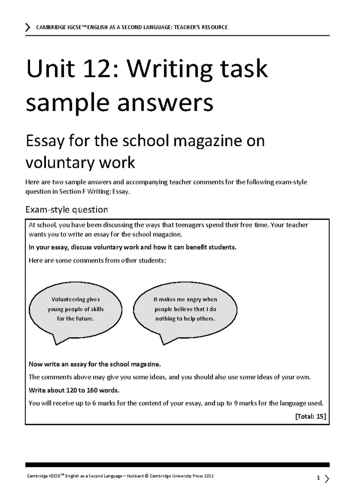 IGCSE ESL 6ED Unit 12: Sample Essay Answers on Voluntary Work - Studocu