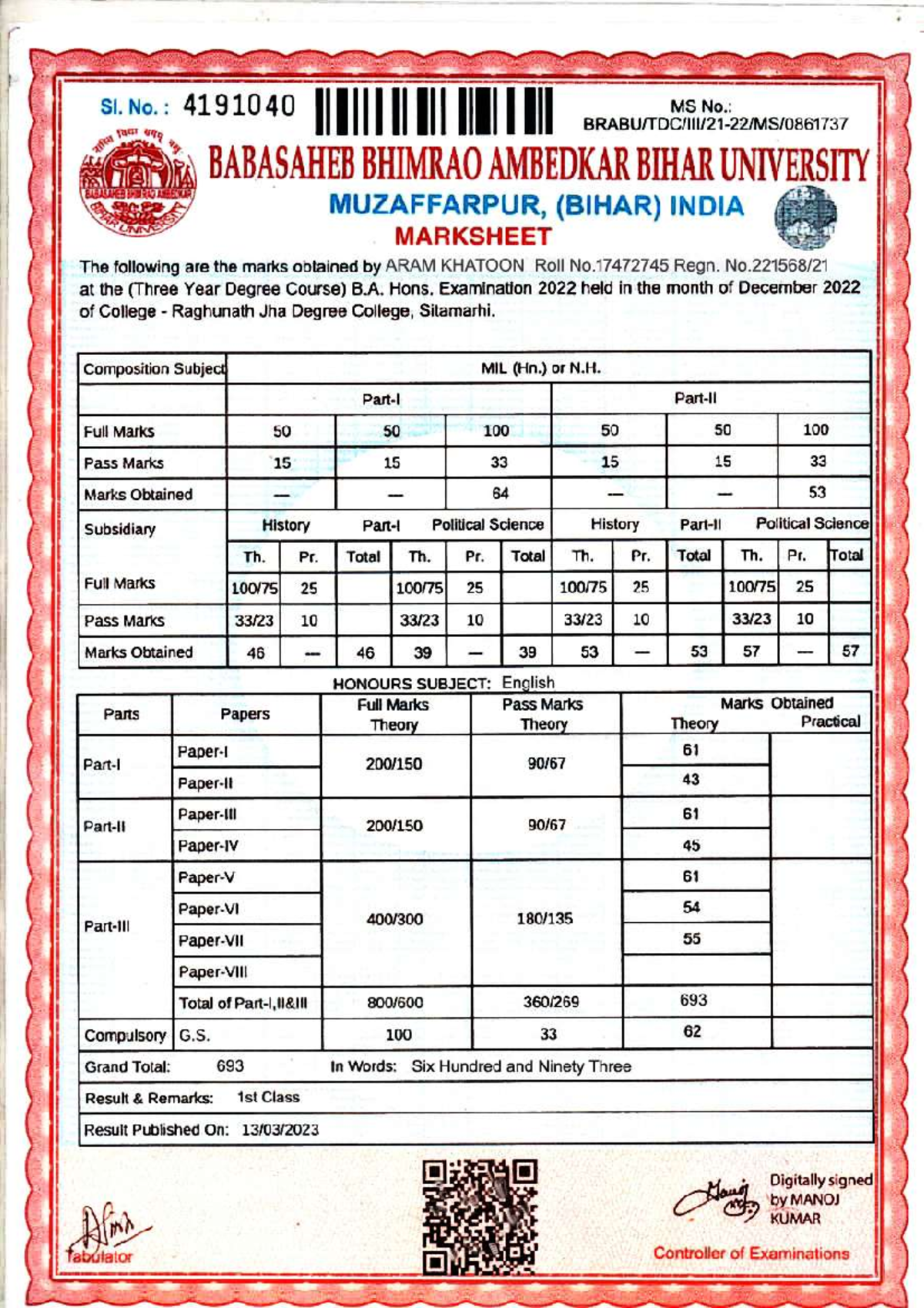 Marksheet for B.A. Hons. Examination 2022 - BRABU - Studocu