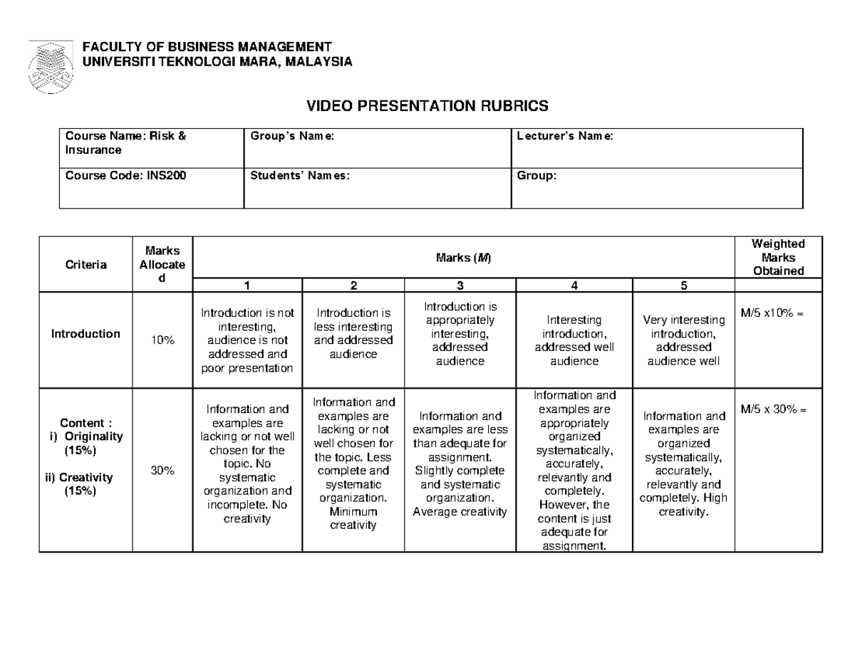 INS200 Rubric Video or Interactive presentation - FACULTY OF BUSINESS ...