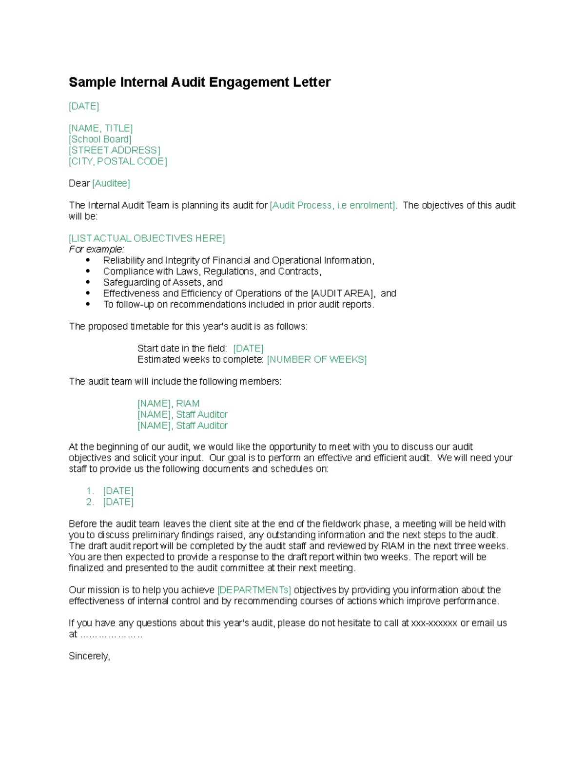 226601733 Sample Internal Audit Engagement Letter - Final Exam Notes ...