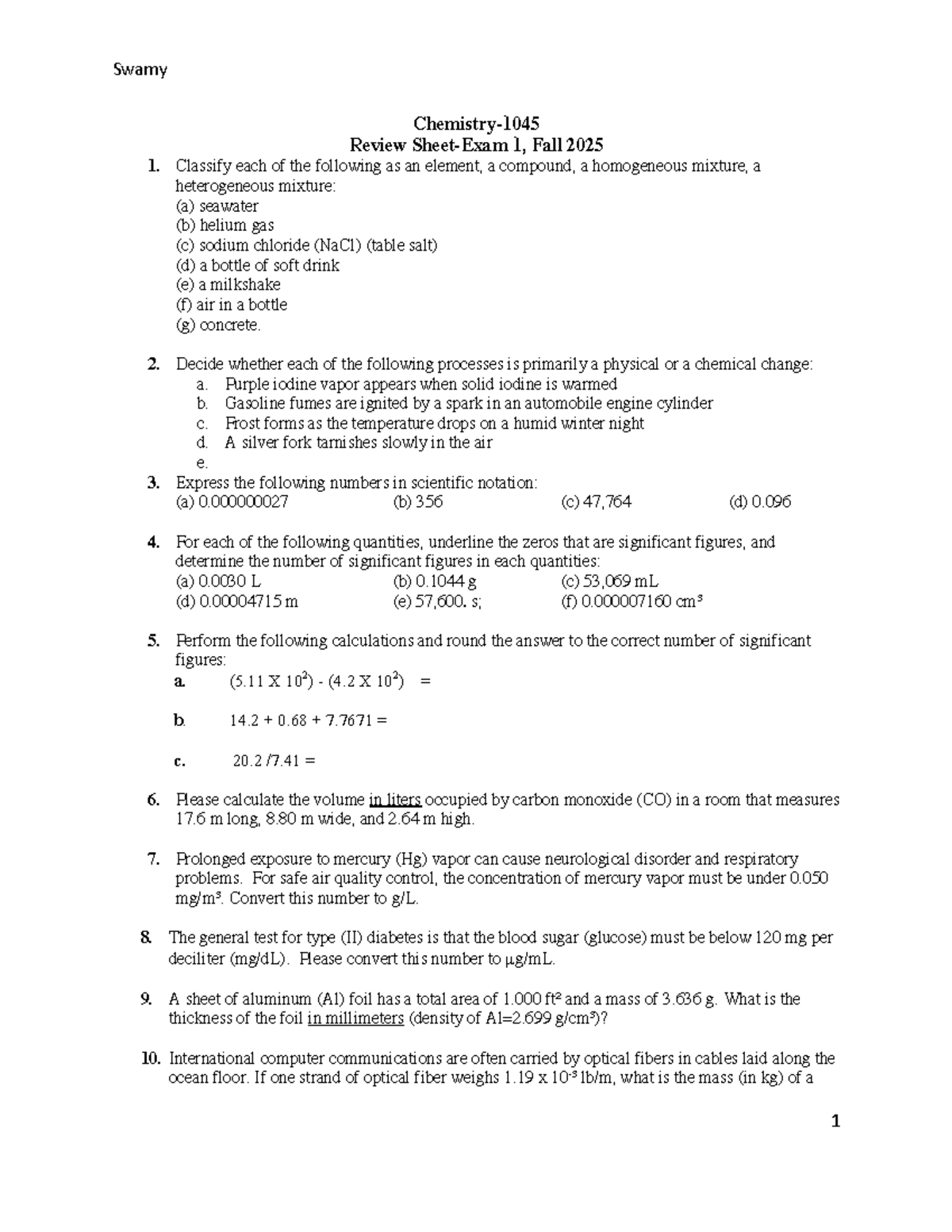 Fall 2025 CHEM 101 Exam 1 Review Sheet with Key - Studocu