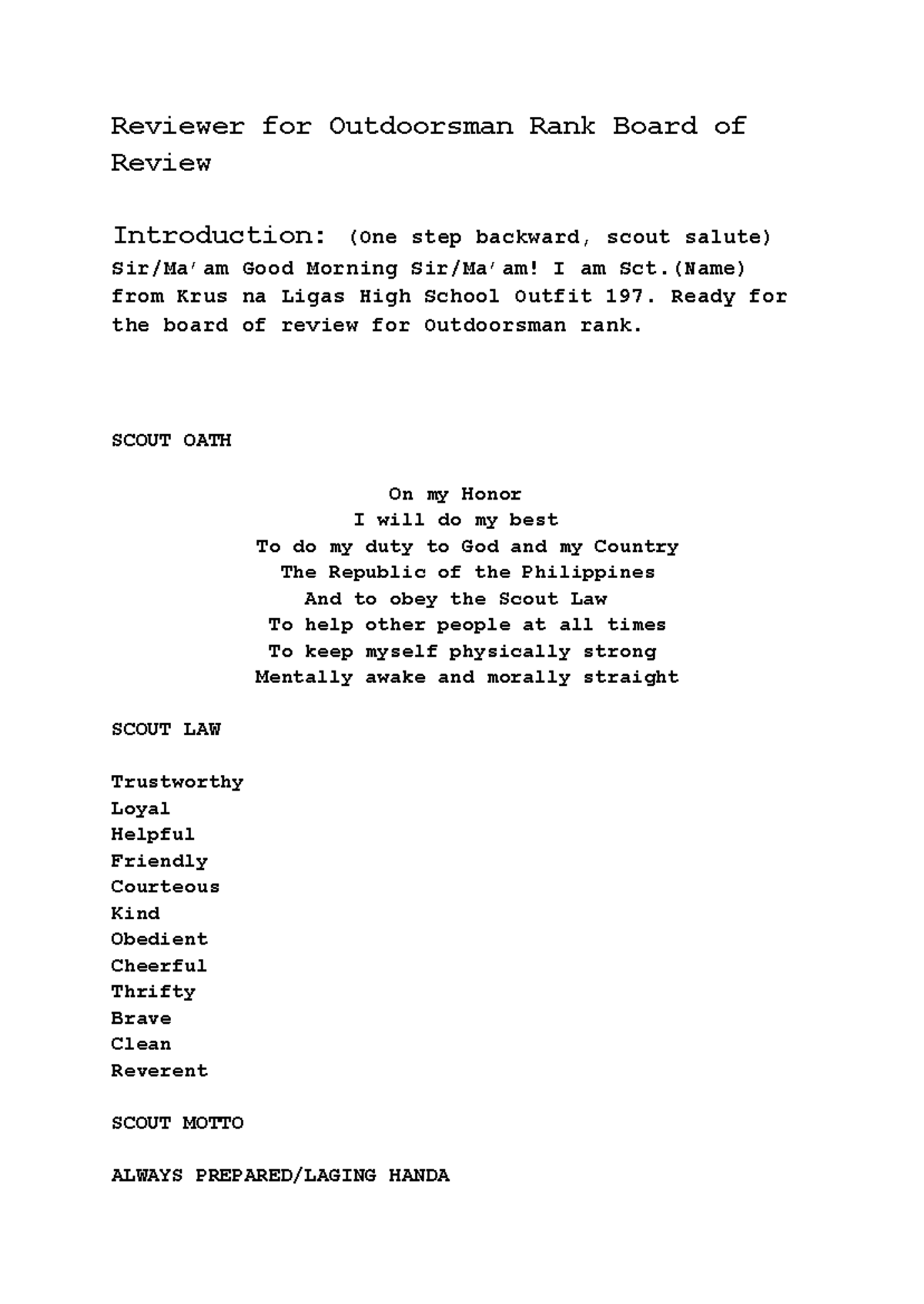 Outdoorsman Rank Board of Review Guide - 727317809 - Studocu