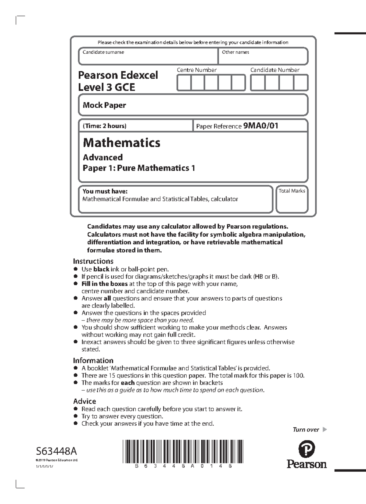 Pure Mathematics Paper 1 Mock Exam (S63448A) – Preparation Guide - Studocu