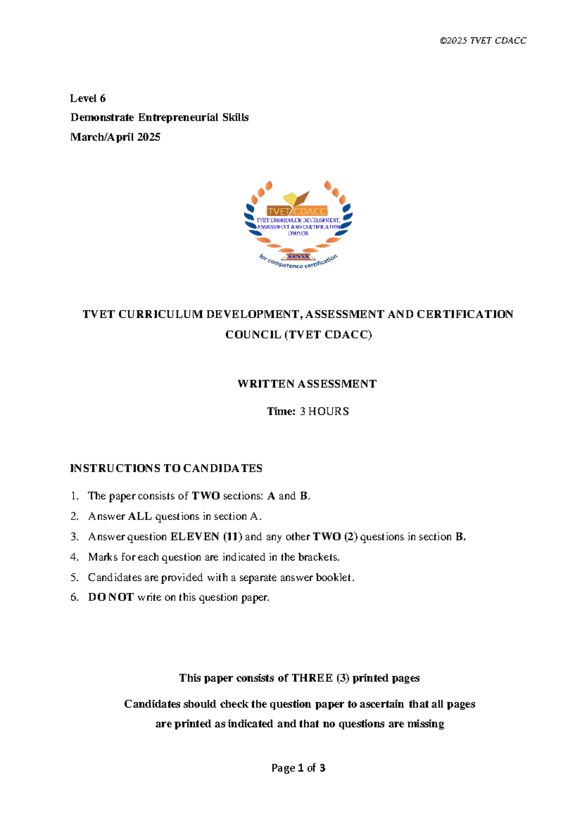 TVET CDACC Level 6 Written Assessment: Entrepreneurial Skills 2025 ...