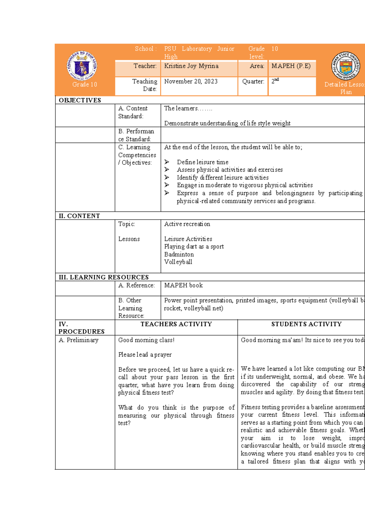 DLP - PE Lesson 3: Active Recreation & Leisure Activities for Grade 10 ...