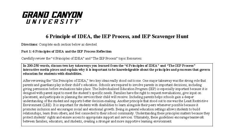 SPD-208 RS T1: 6 Principles of IDEA & IEP Process Reflection and Hunt ...