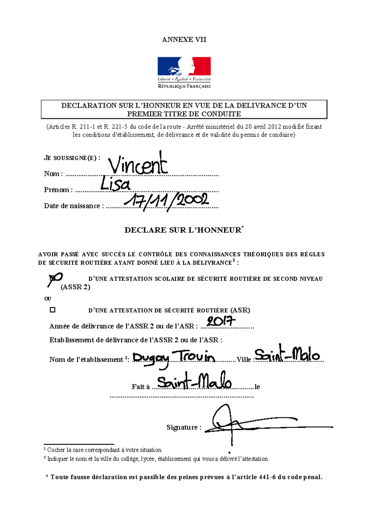 Déclaration sur l'honneur pour ASSR 2 - Permis de conduire - Studocu