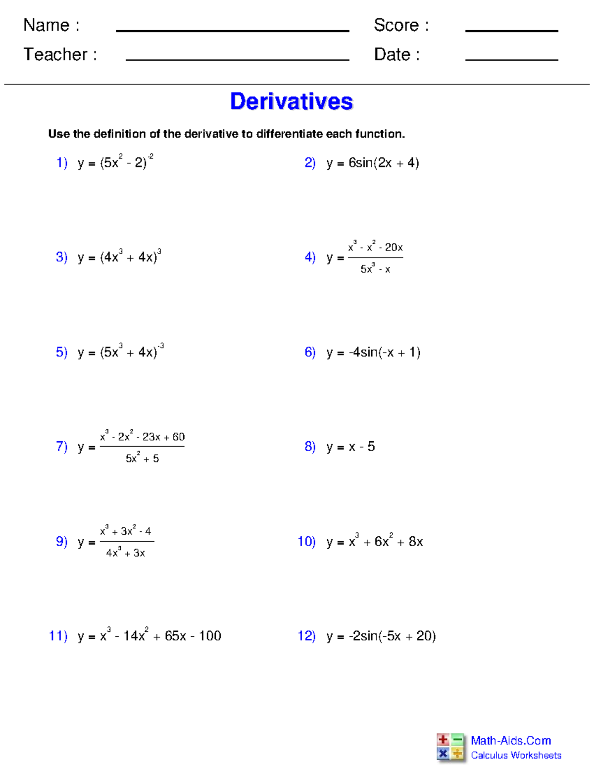 Calculus 101: Derivative Definition Practice Problems - Studocu