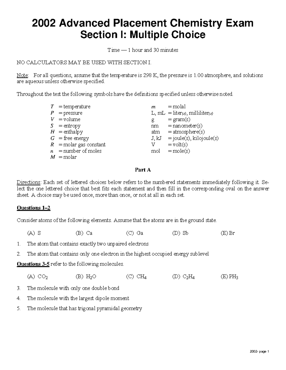 AP '02 Chemistry Exam Section I: Multiple Choice Questions - Studocu