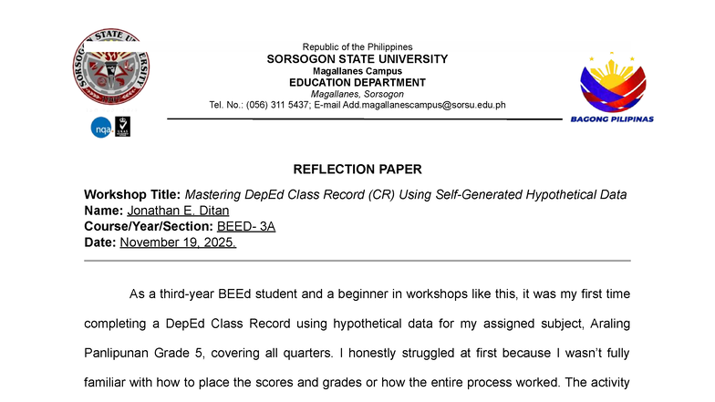 Reflection Paper: Mastering DepEd Class Record for AP 5 (BEEd) - Studocu