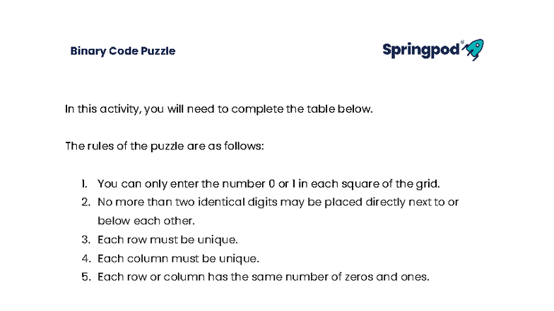 Binary code puzzle - Binary Code Puzzle In this activity, you will need ...