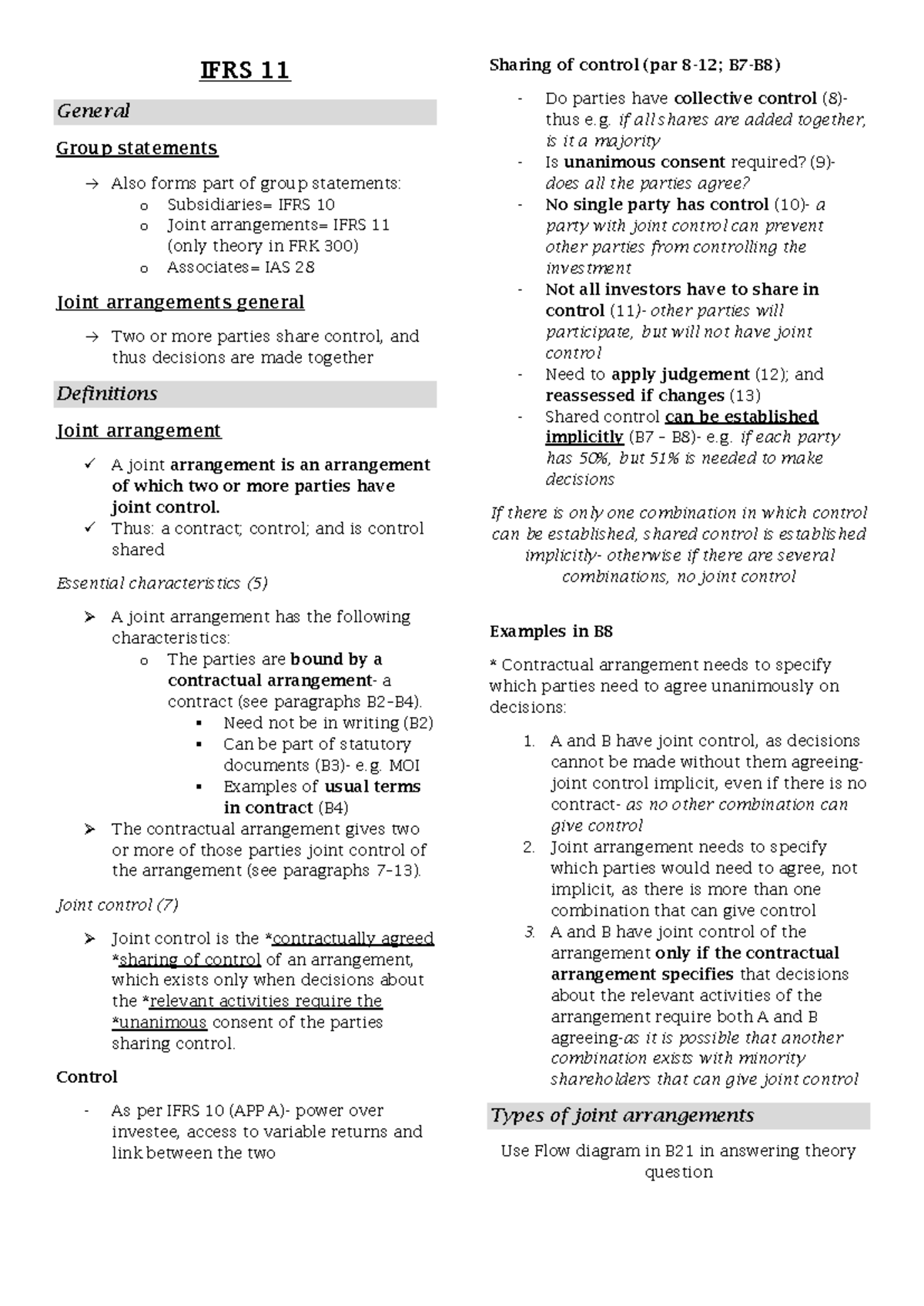 IFRS 11 Theory Notes: Understanding Joint Arrangements in FRK 300 - Studocu