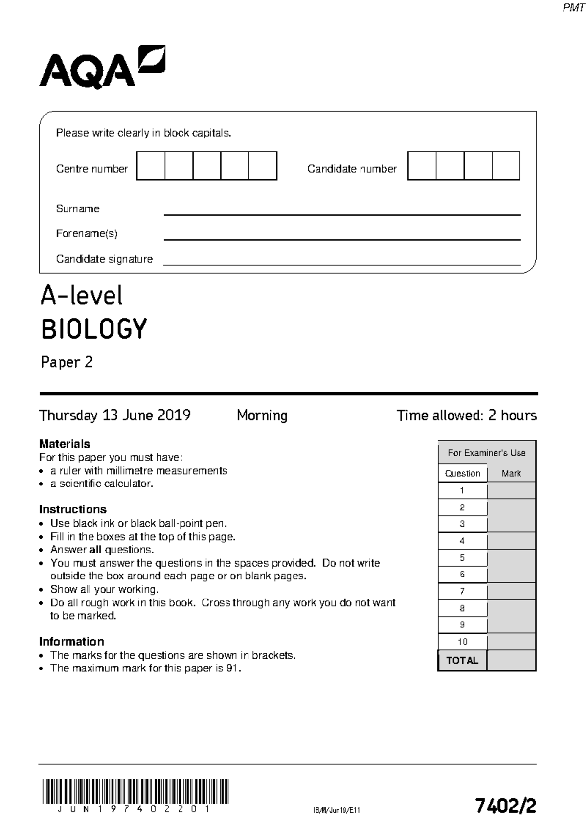 A-level Biology Paper 2 June 2019 Exam Questions and Mark Scheme - Studocu
