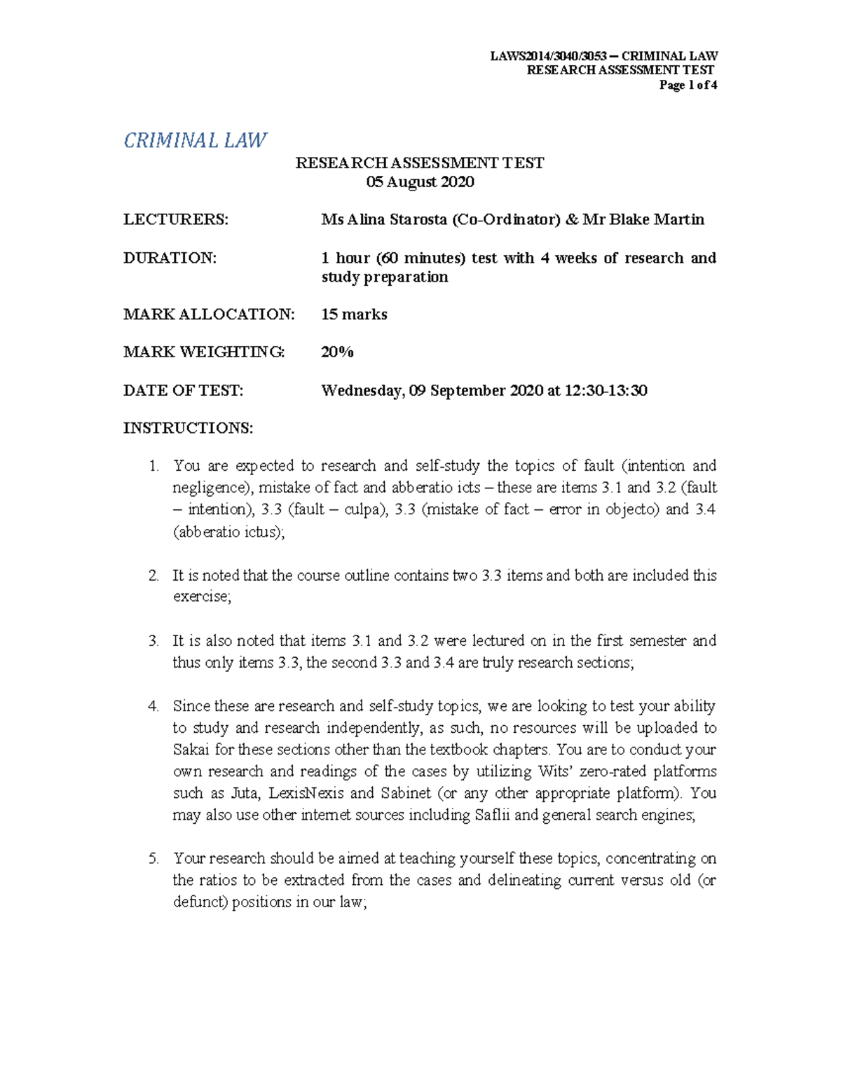 CRIMINAL LAW 2020 Research Assessment Test Instructions and Guidelines ...