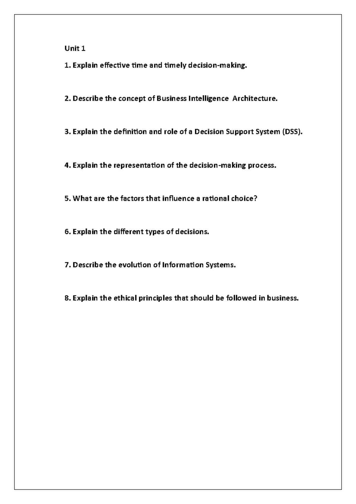 Imp Questions & Notes for BI - Unit 1 Overview - Studocu