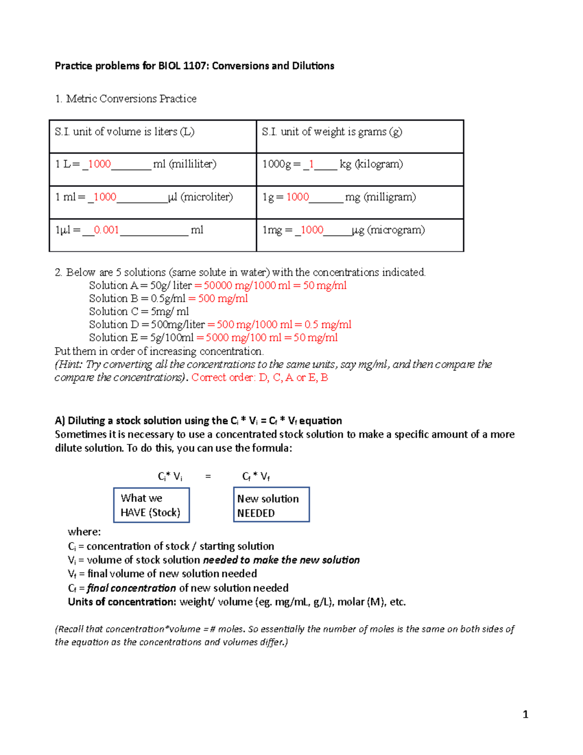 BIOL 1107 Practice Problems on Conversions and Dilutions Answer Key ...