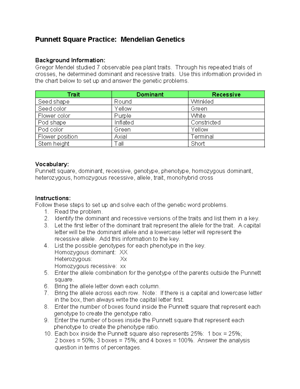 Mendelian Genetics Practice: Punnett Square Problems (BIO101) - Studocu