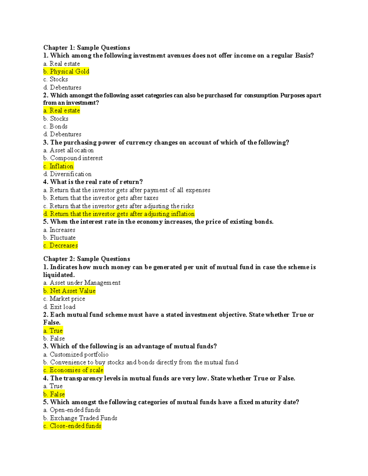 MCQ - Sample Questions on Mutual Fund Concepts (FIN 101) - Studocu