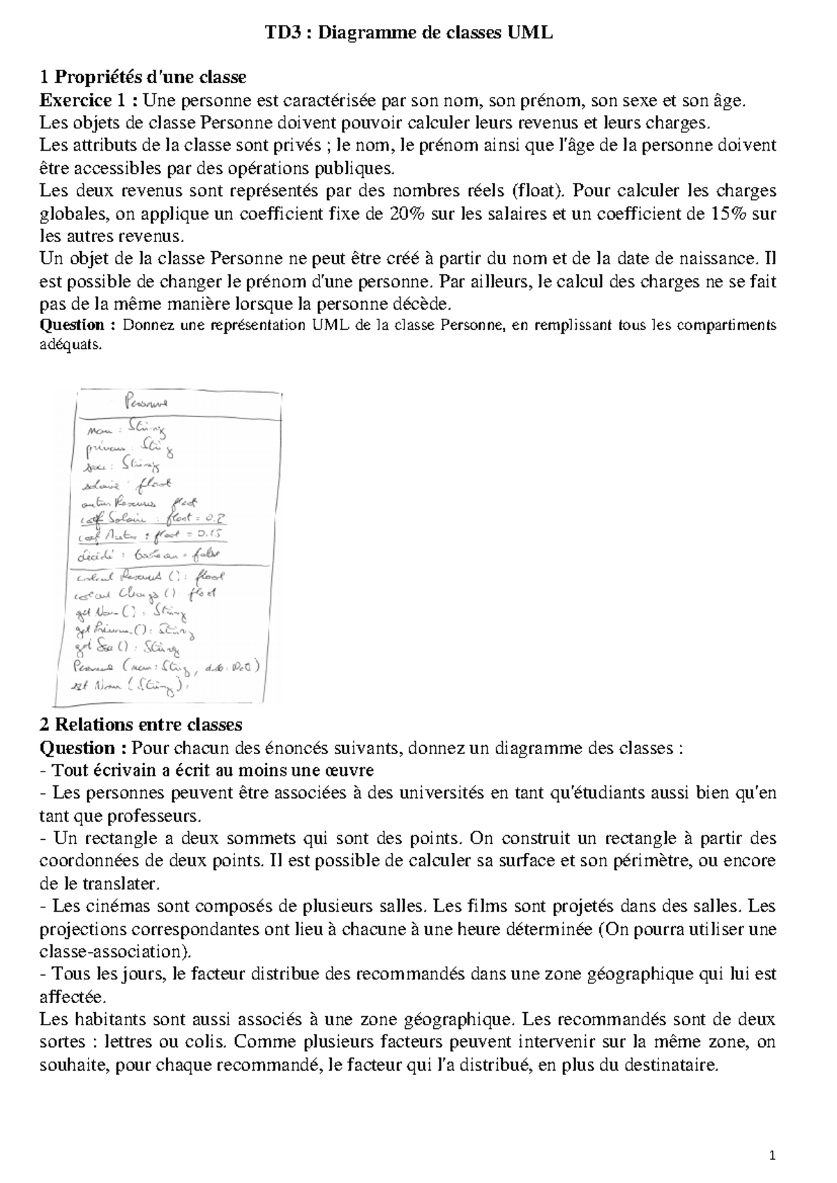 TD 3 - UML Class Diagrams with Solutions and Exercises - Studocu