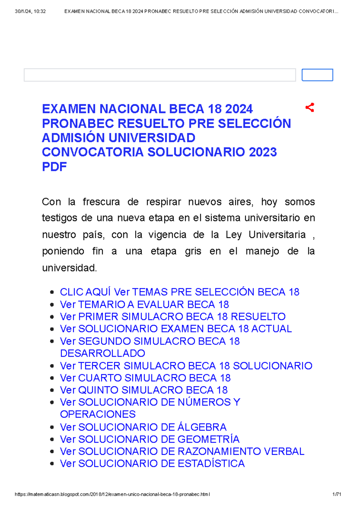 Examen Nacional BECA 18 2024: Solucionario Pronabec 2023 PDF - Studocu