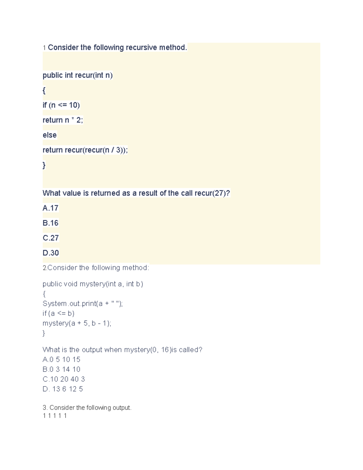 CS101 Question Review Assignment on Recursive Methods and Output ...
