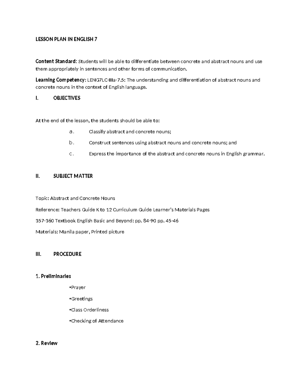 LP Eng 7: Lesson Plan on Abstract and Concrete Nouns - Studocu