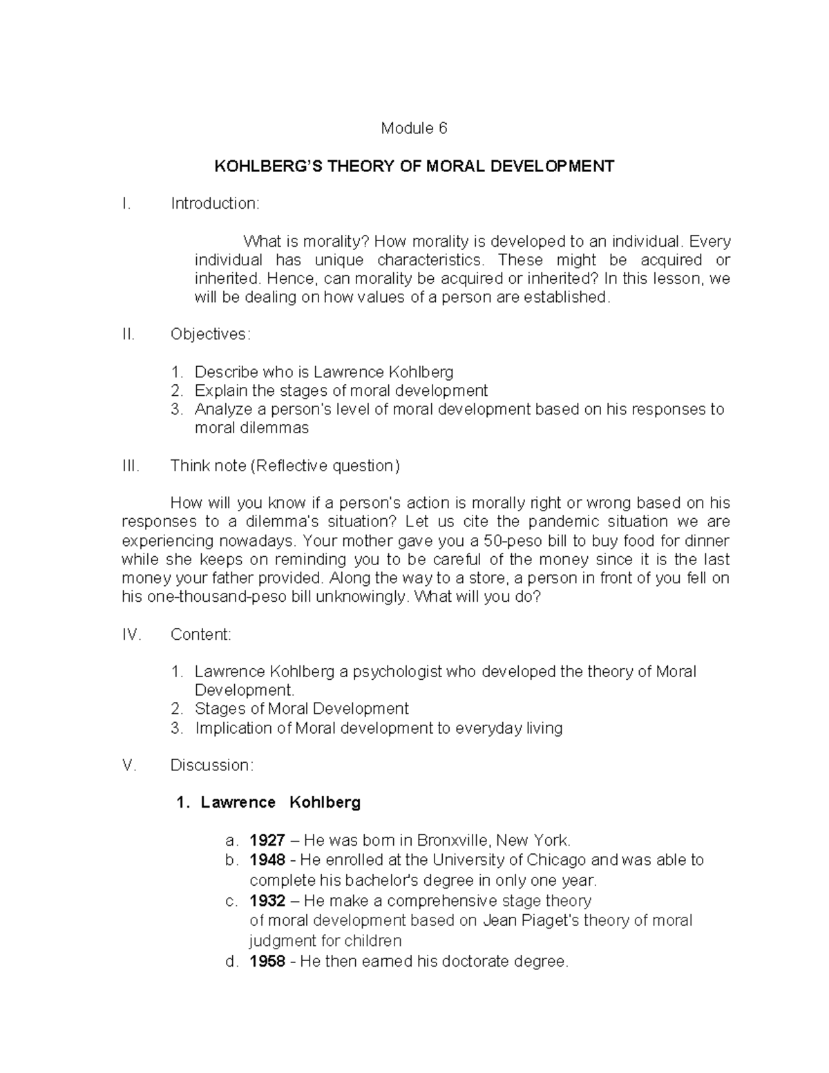 ED 1- Kohlberg'S Theory OF Moral Development - Module 6 KOHLBERG’S ...