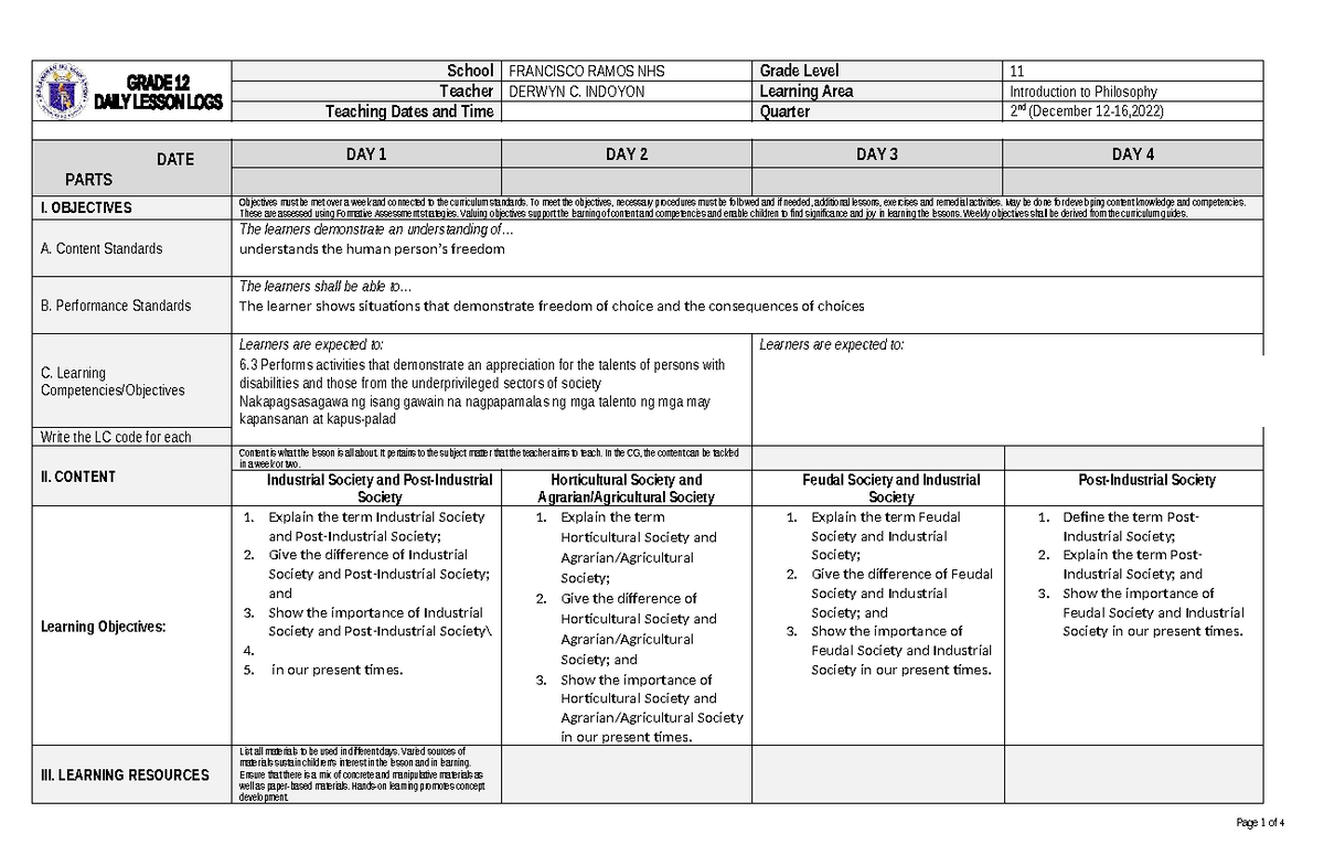 Teaching Plan for Introduction to Philosophy (Grade 11) - Dec 12-16 ...