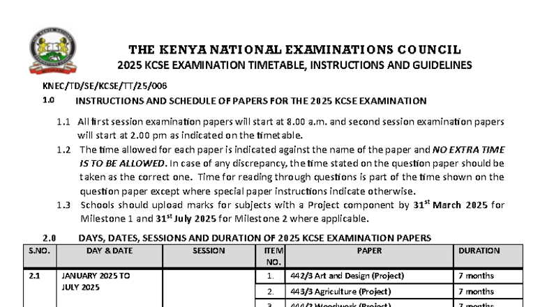 2025 KCSE Exam Timetable, Instructions & Guidelines - Studocu