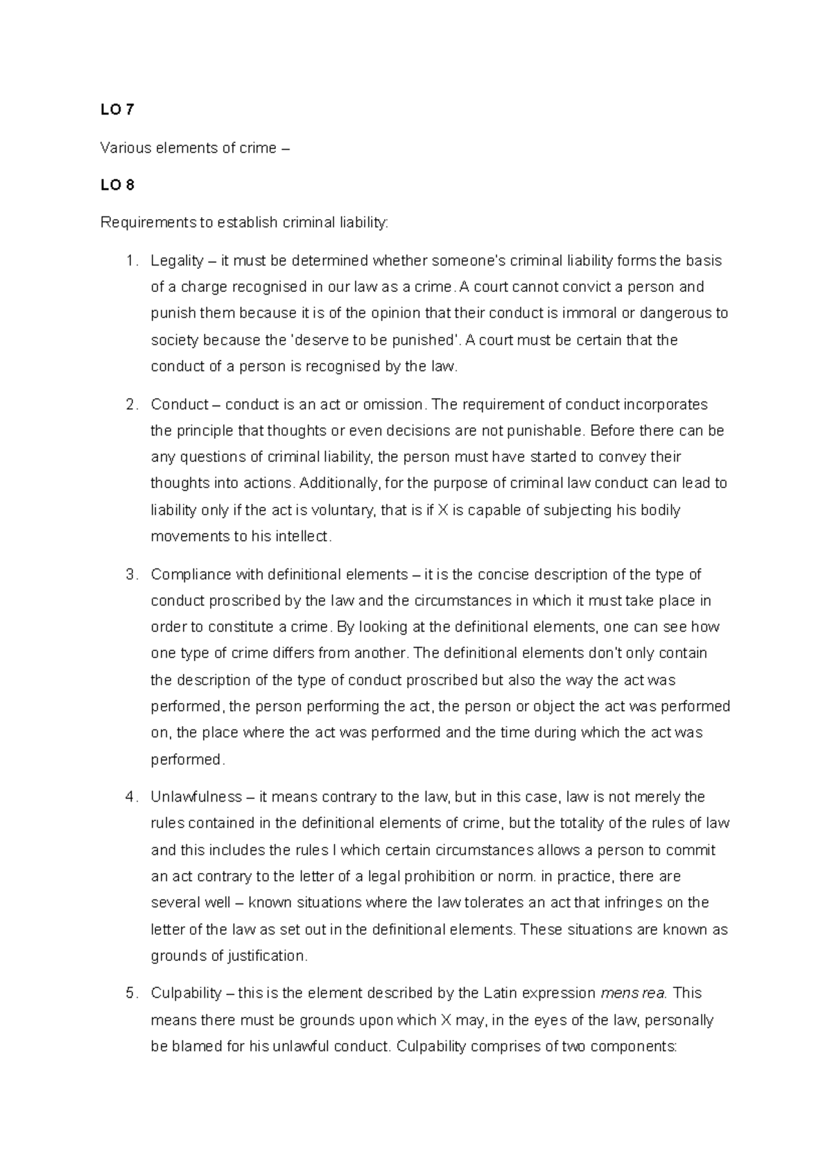 LO 7 & 8: Elements of Crime & Criminal Liability Overview Notes - Studocu