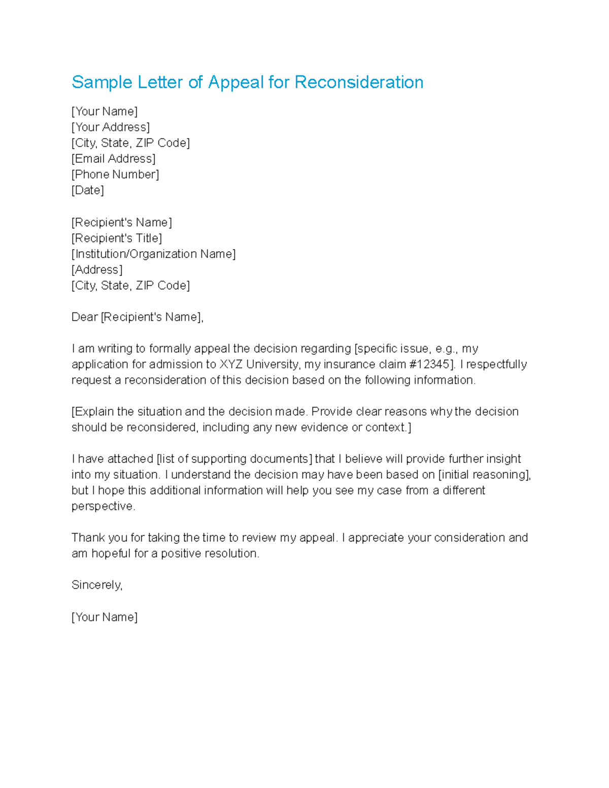 Letter of Appeal for Reconsideration - Sample Template - Studocu