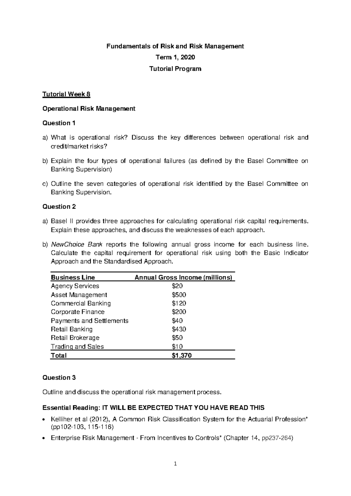 Tutorial Week 8 Questions Warning Tt Undefined Function 32 1 Fundamentals Of Risk And Risk