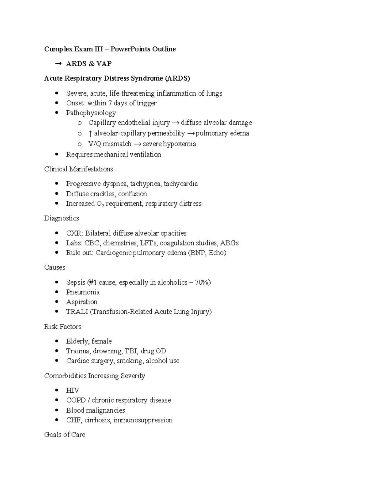 Complex Exam III PowerPoint Outline: ARDS & Shock Management - Studocu