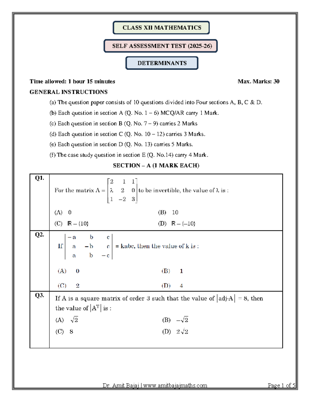 CLASS XII MATHEMATICS SELF-ASSESSMENT TEST ON DETERMINANTS - Studocu