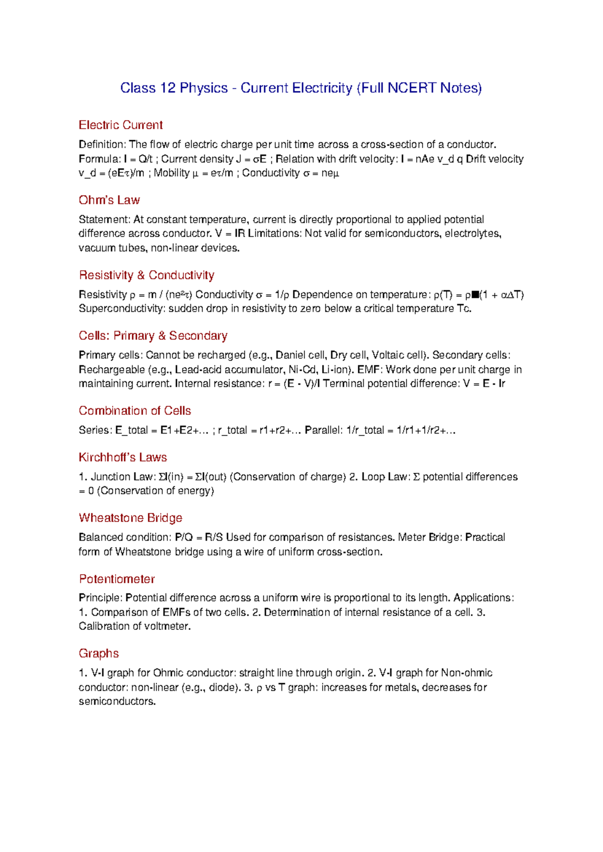 Class 12 Physics Current Electricity: Comprehensive NCERT Notes - Studocu