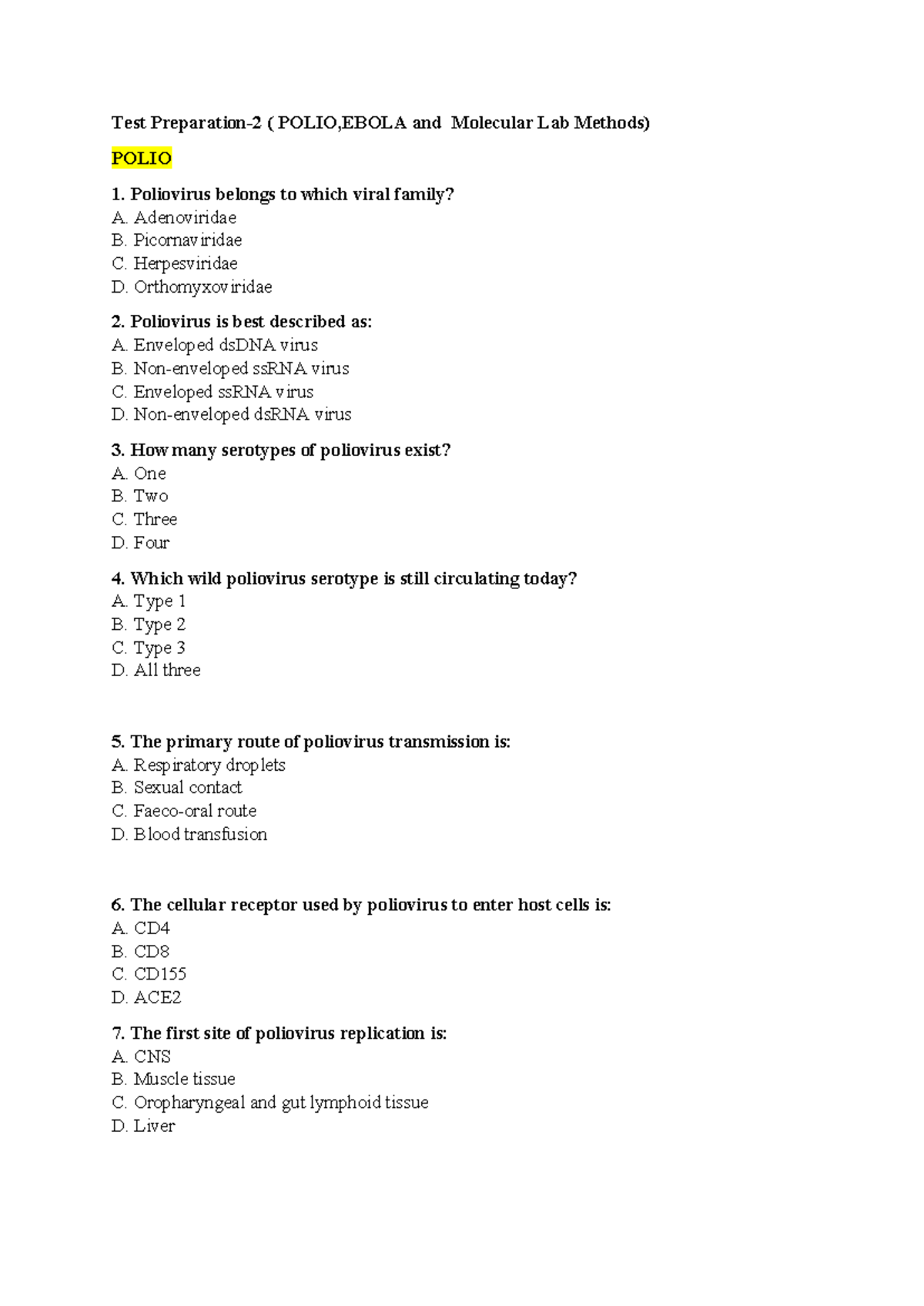 Test Preparation: POLIO, EBOLA & Molecular Lab Methods Review - Studocu