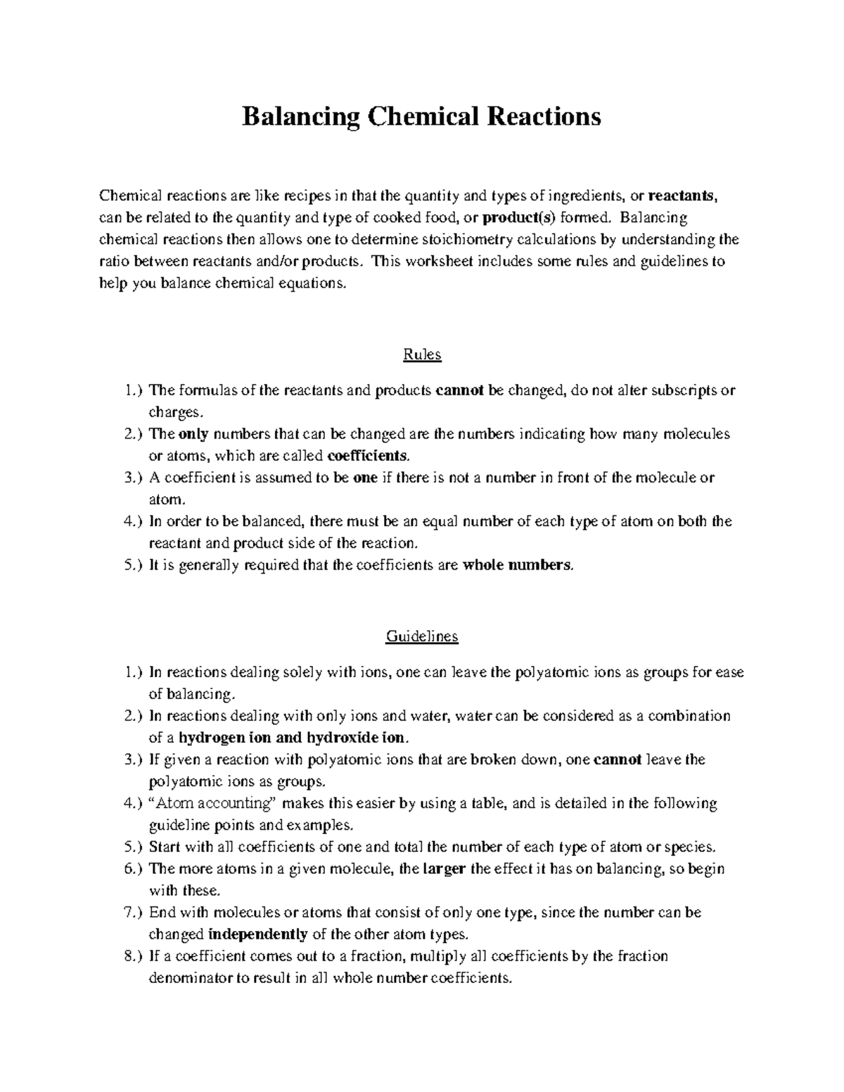 Balancing Chemical Reactions - Balancing Chemical Reactions Chemical ...